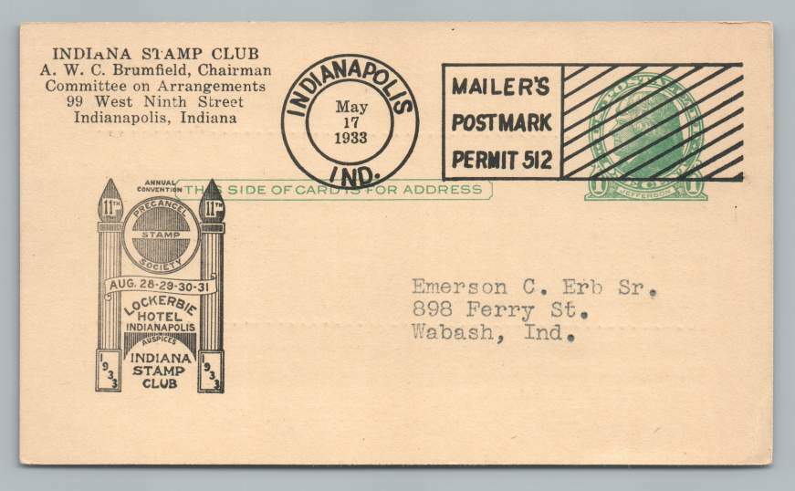 Indiana Stamp Club Vintage Postal Card INDIANAPOLIS Bourse Philately ...