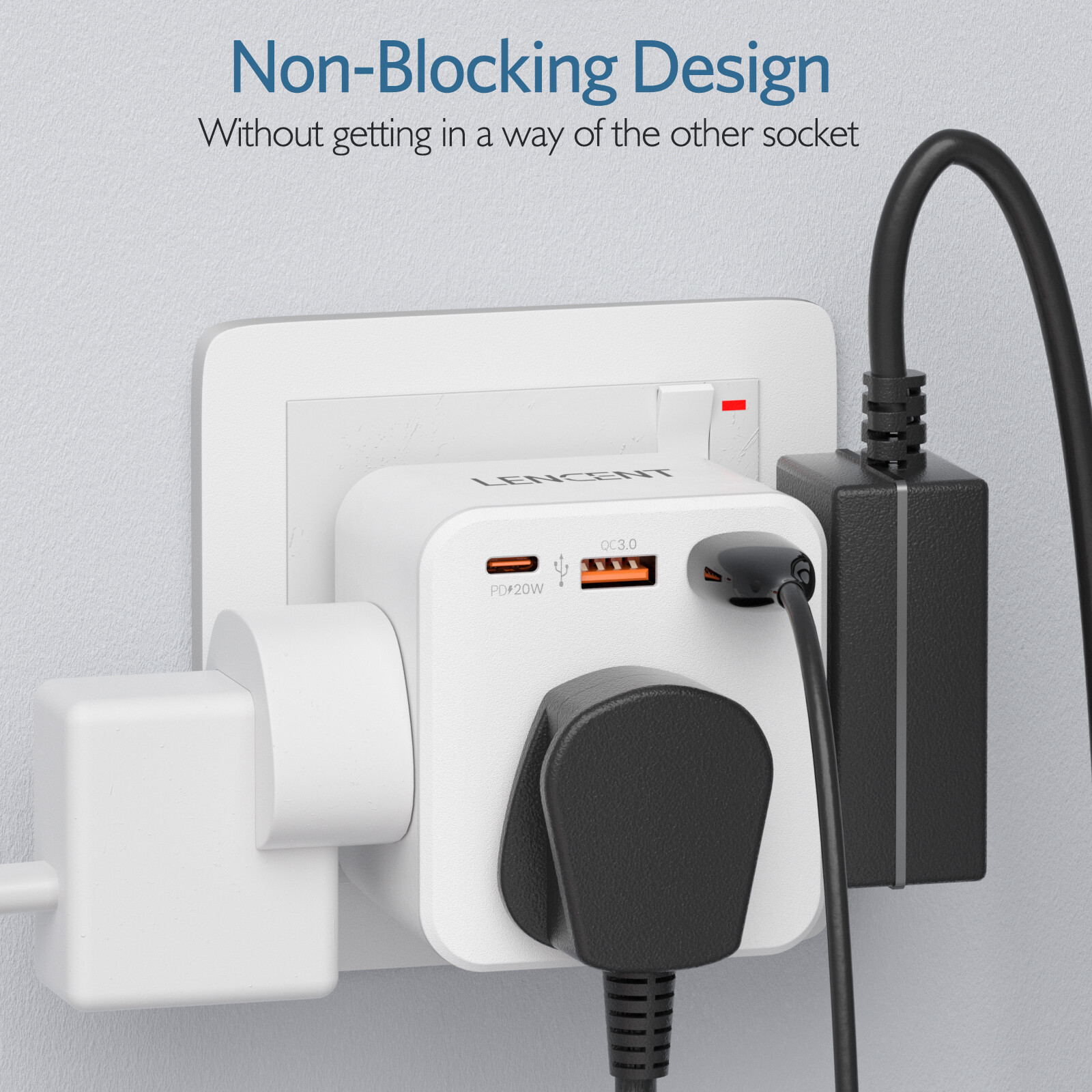 LENCENT 3 Way Extension Plug Adapter UK Wall Power Socket with 3 USB ...