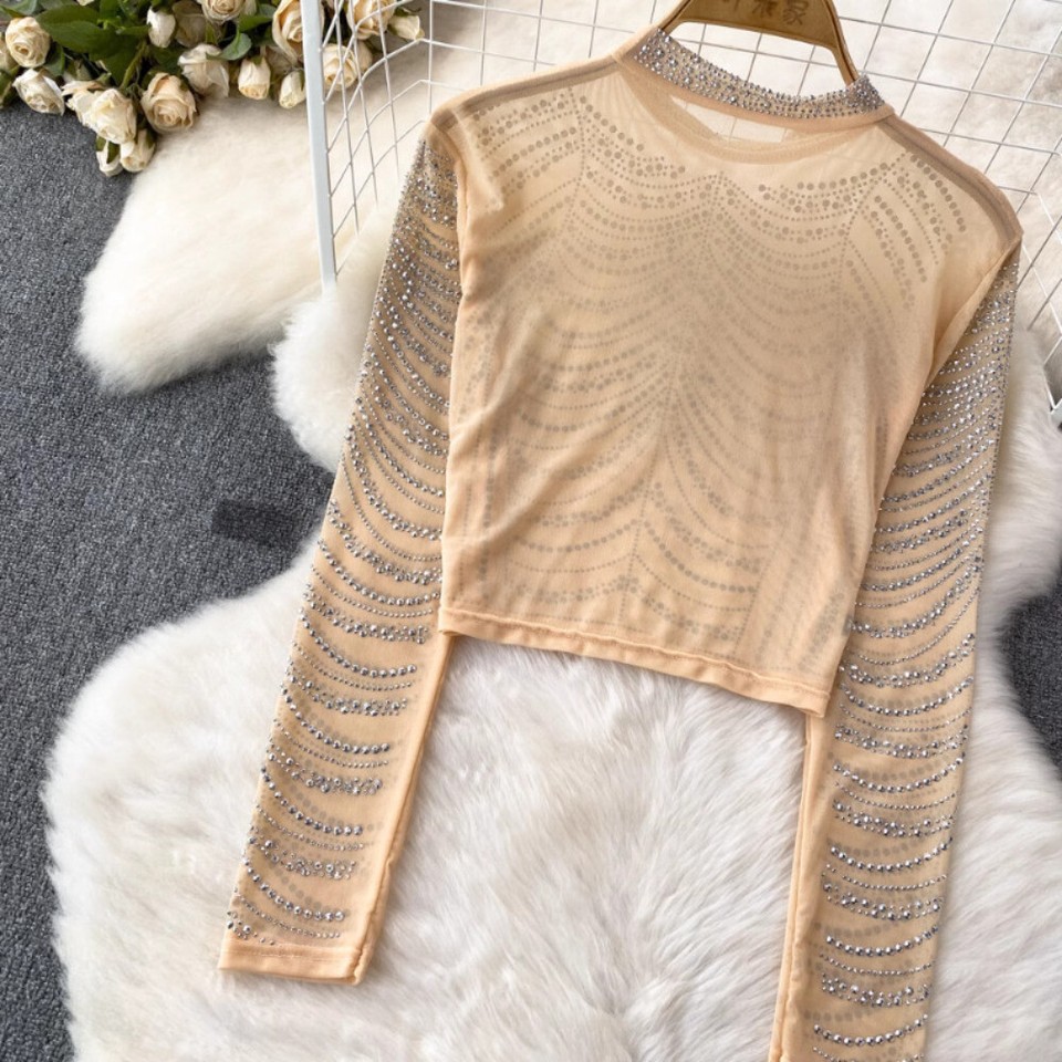 Women Sheer Mesh Crystal Shirts Rhinestone T-shirts Tops Blouse Slim ...