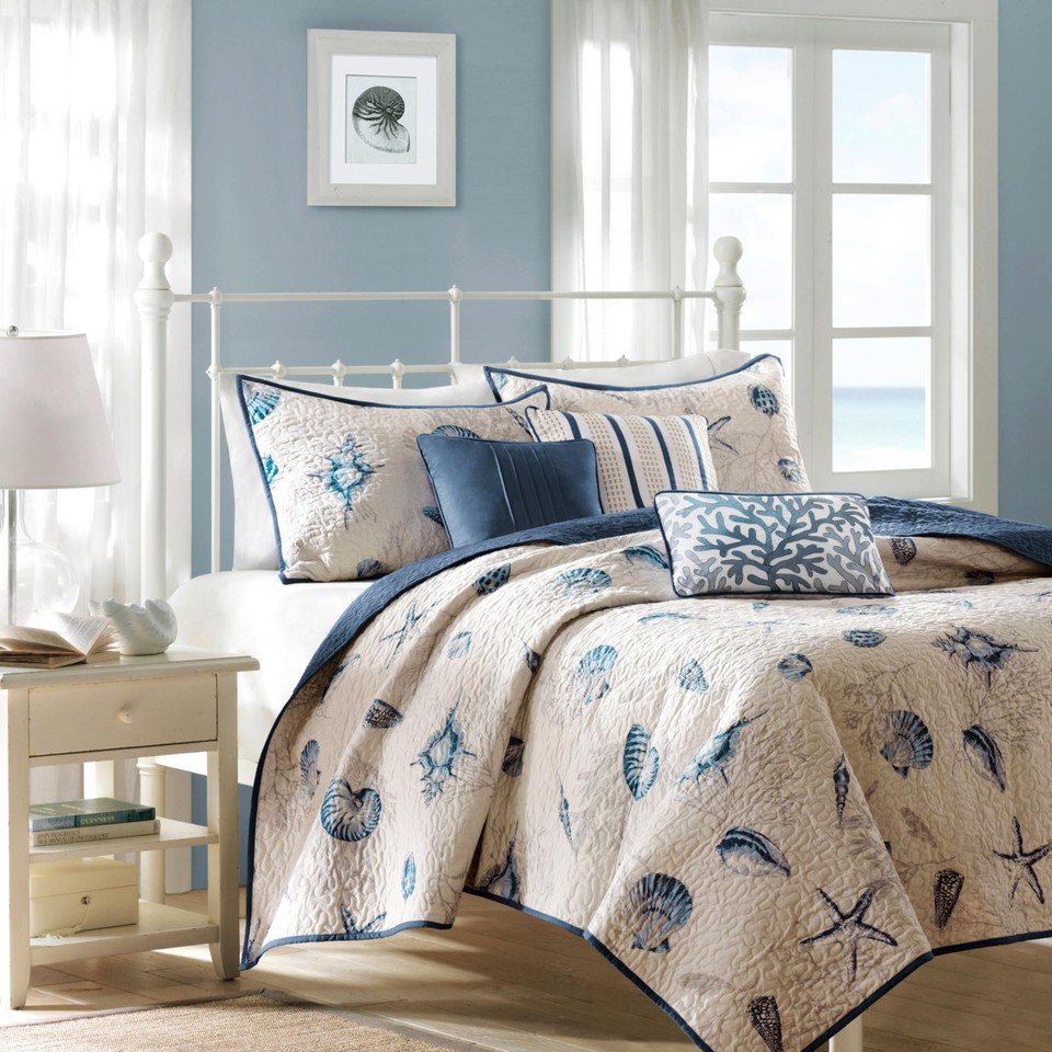 Quilt Set Cottage Coastal Design, Starfish Print - All Season, Coverlet ...
