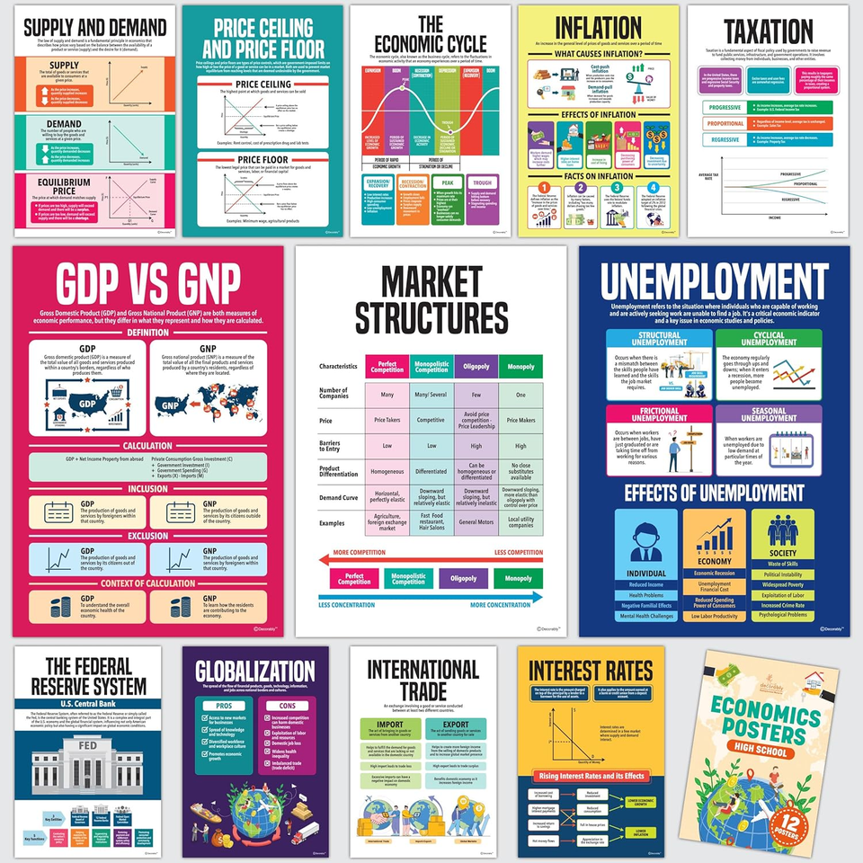 Decorably 12 Economics Posters for High School Classroom, 11X16In Matte ...