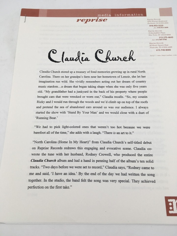 CLAUDIA CHURCH- VINTAGE PHOTO & PRESS RELEASE KIT - REPRISE RECORDS ...