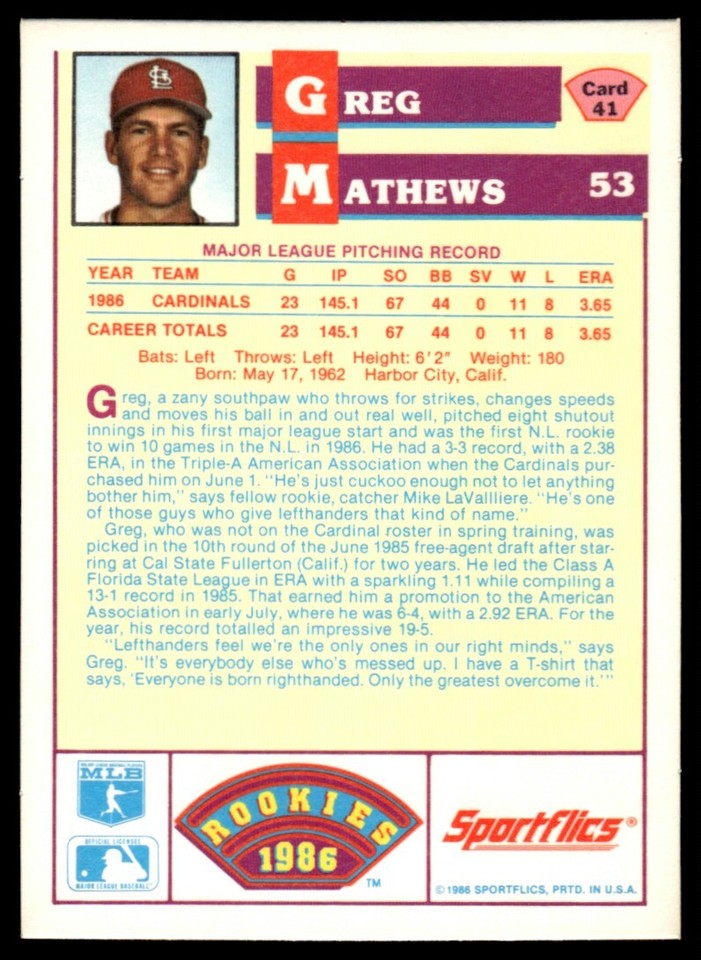 1986 Sportflics Rookies GREG MATHEWS #41 Cardinals FREE Ship! | eBay