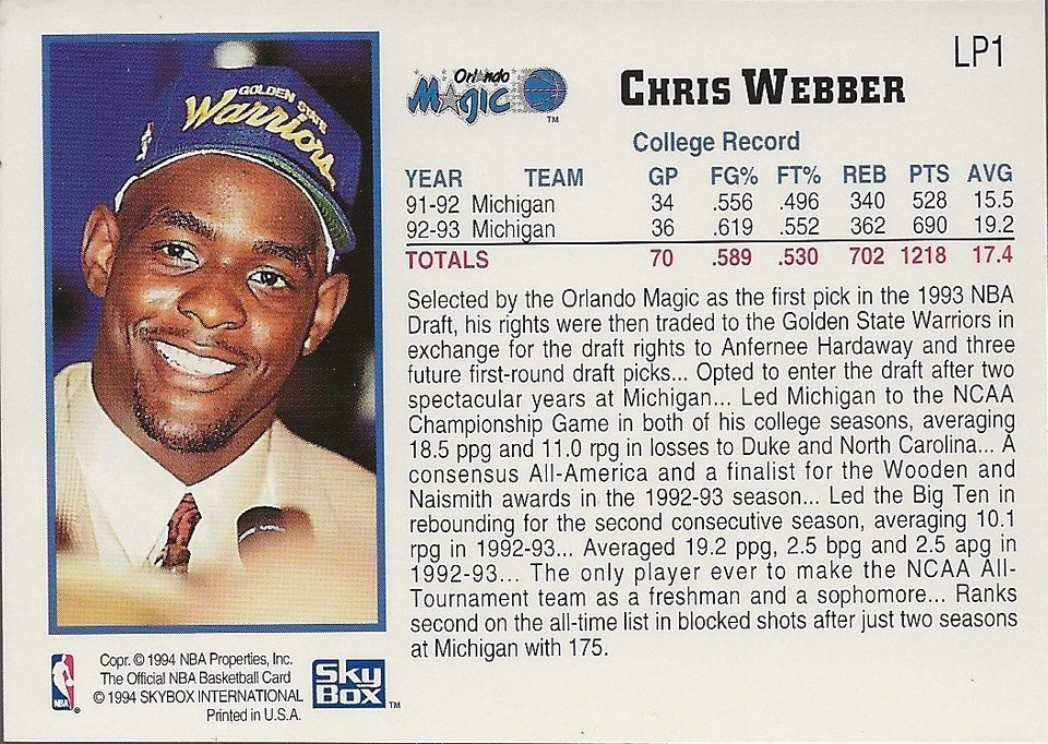 93 - 94 NBA HOOPS DRAFT Lottery - CHRIS WEBBER #1 - LP1 | eBay