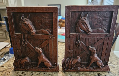Vtg Syracuse Ornamental Co Syroco Wood Bookends, Horse In Stall With ...