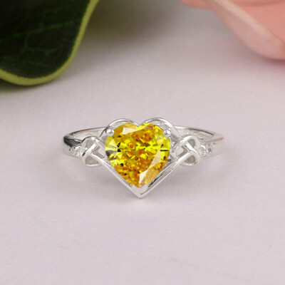 8MM Heart Shape Yellow Cz 925 Sterling Silver Solitaire Love Ring ...