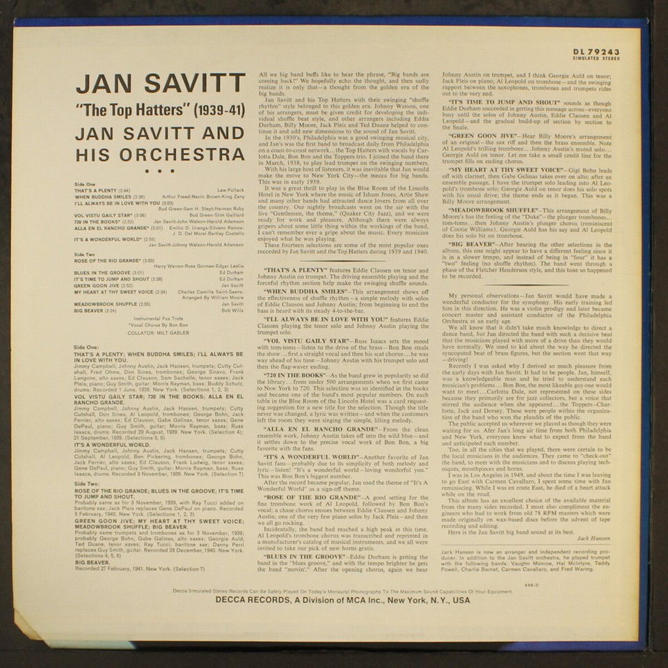 JAN SAVITT: the top hatters (1939-1941) DECCA 12" LP 33 RPM | eBay