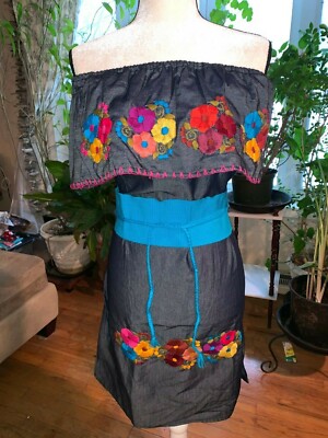 Maya Mexican Dress Belt Vestido Campesino Faja Flowers Chiapas Denim ...
