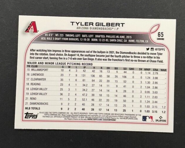 2022 Topps Chrome - Tyler Gilbert #65 Arizona Diamondbacks - ROOKIE ...