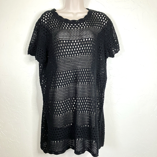 Crochet Swimsuit Bikini Cover Up Womens Sz L Dress Black SS Boho Beach ...