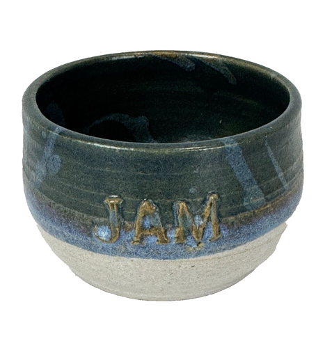 Studio Art Pottery Jam Bowl Blue Beige Raised Letters Signed Artist ...