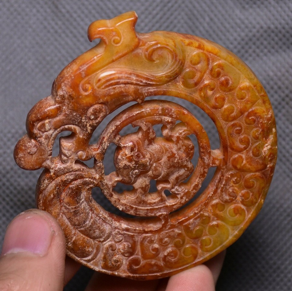 7CM China Old Jade Hand Carving Fengshui Dragon Hollow YuBi Bi Amulet ...