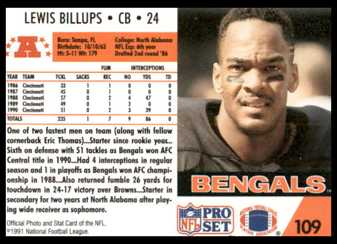 1991 Pro Set #109 Lewis Billups Cincinnati Bengals Football Card | eBay
