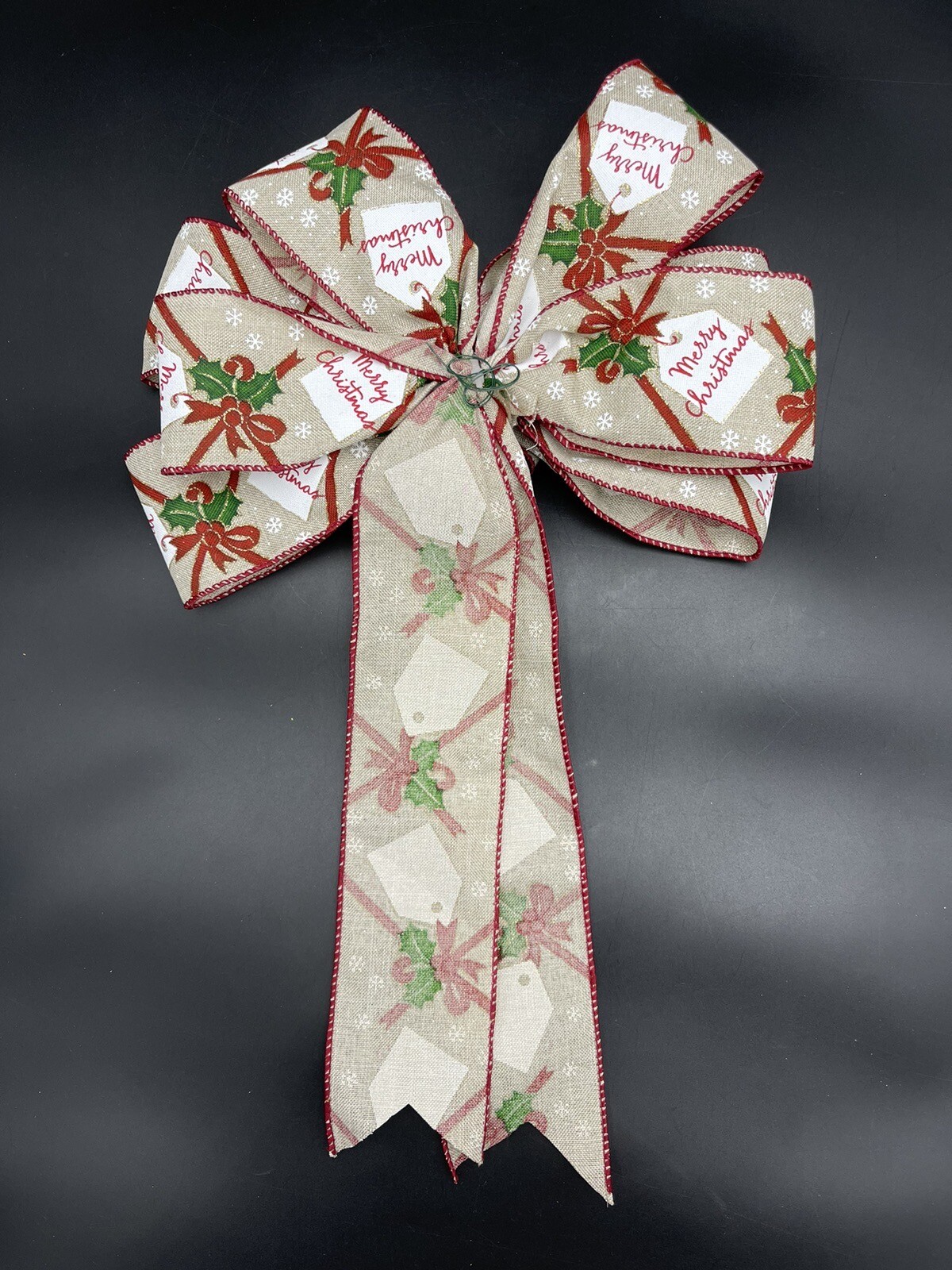 Large 10.5" Hand Made Bow Wired Merry Christmas Ribbon Bow 16" Length ...
