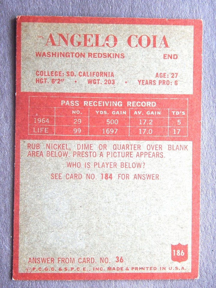 Angelo Coia #186 Philadelphia 1965 Football Card (Washington Redskins ...