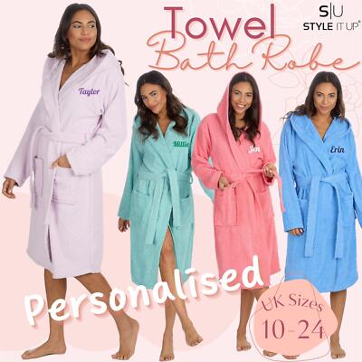 Personalised Ladies Womens Terry Towelling Bath Robe Cotton Hooded ...