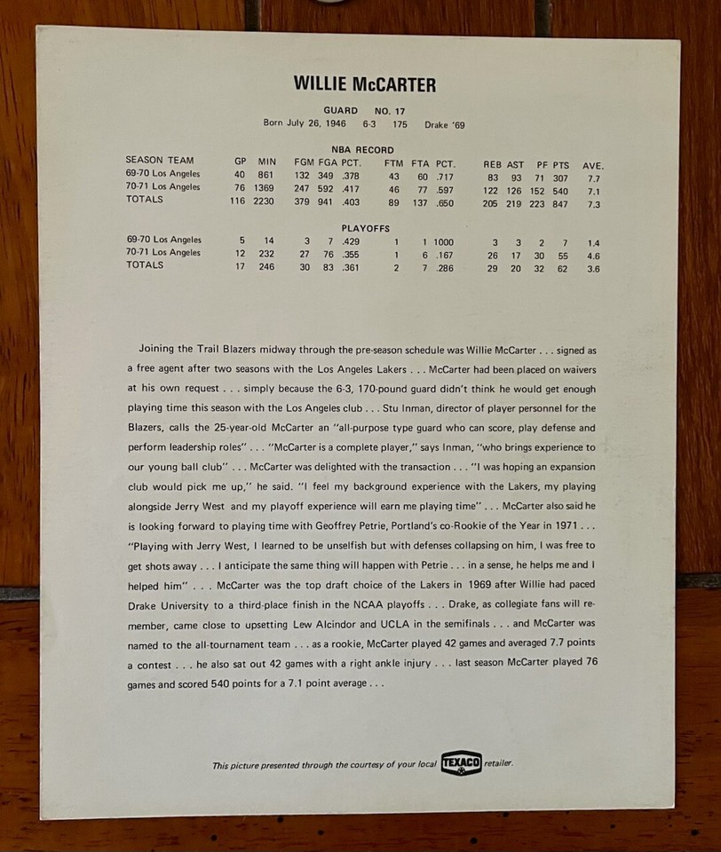 1971 Texaco Portland Trail Blazer Willie McCarter 8x10 Basketball Poster Card | eBay
