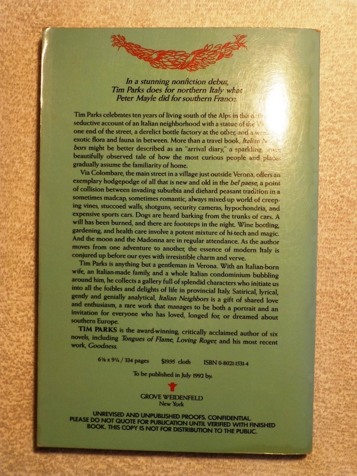 TIM PARKS Italian Neighbors or a Lapsed Anglo Saxon in Verona FIRST ...