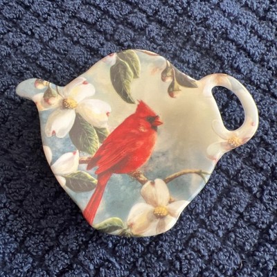Melamine Teapot Shaped Tea Bag Holder Bird Red Cardinal & Dogwood Made ...