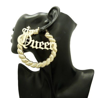 Lady Celebrity Ghetto Style "QUEEN" Bamboo Hoop Hollow Pincatch Fashion ...