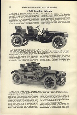 1908 PAPER AD CAR AUTO 2 PG ARTICLE Franklin Model H Runabout G ...