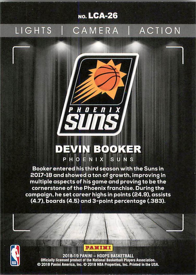 DEVIN BOOKER 2018-19 NBA Hoops LIGHTS CAMERA ACTION HOLO #LCA-26 Suns ...