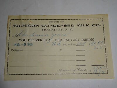 1909 delivery receipt Michigan Condensed Milk Company Frankfort, NY ...