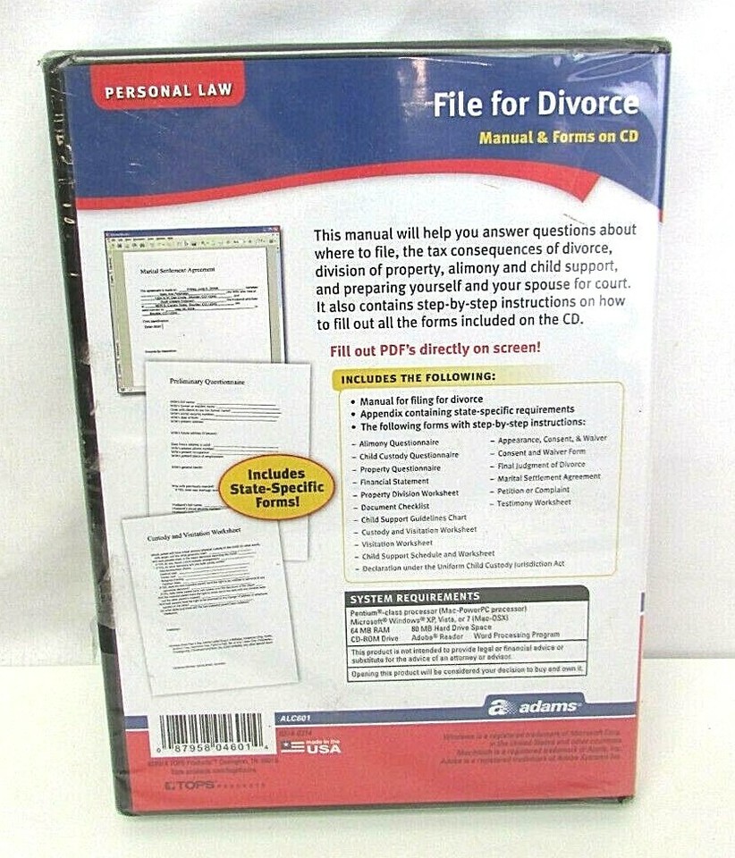 Adams Personal Law File For Divorce Manual & Forms CD NEW Windows Mac ...