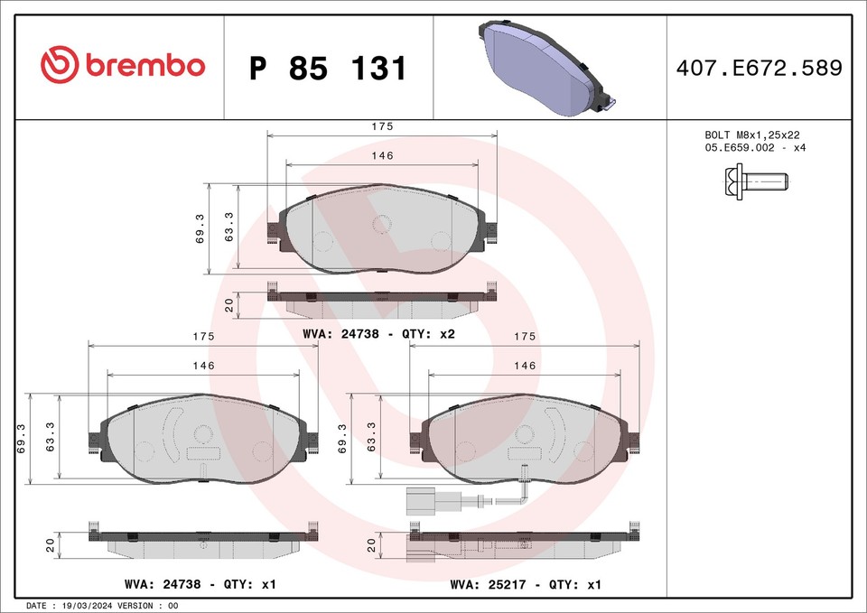 Brake Pads Set fits SEAT ALHAMBRA 71, 710 1.4 Front 10 to 22 Brembo ...