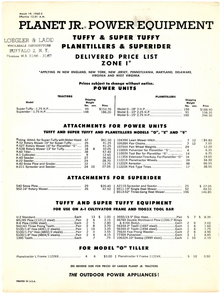 Planet Jr Planetillers Power Unit Hand Tool 1959 catalog/price list SL ...