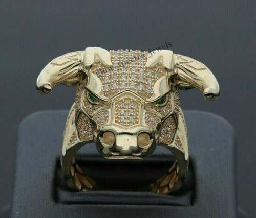 14K Yellow Gold Over 5Ct Round Simulated Diamond & Emerald Men's Bull ...