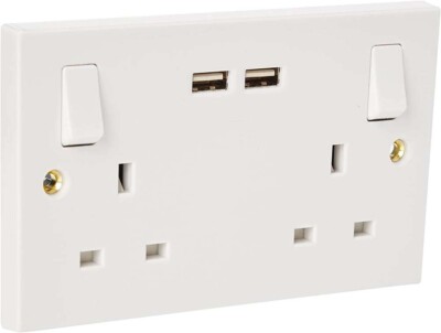 Double Wall Plug Socket 2 Gang 13A w/ 2 Charger USB Ports Outlets Flat ...