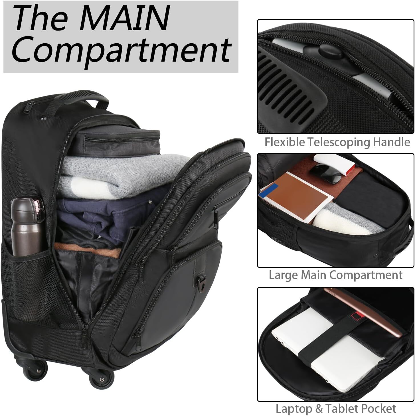 Rolling Backpack for Travel 4 Wheels Laptop Women Men Water Resistant ...