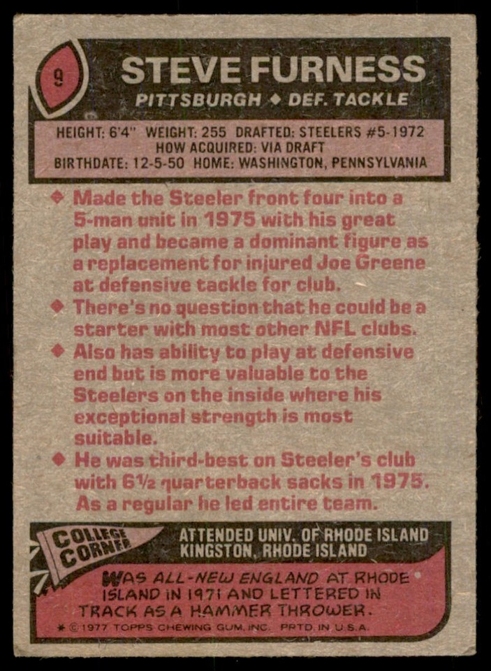 1977 TOPPS STEVE FURNESS . PITTSBURGH STEELERS #9 | eBay