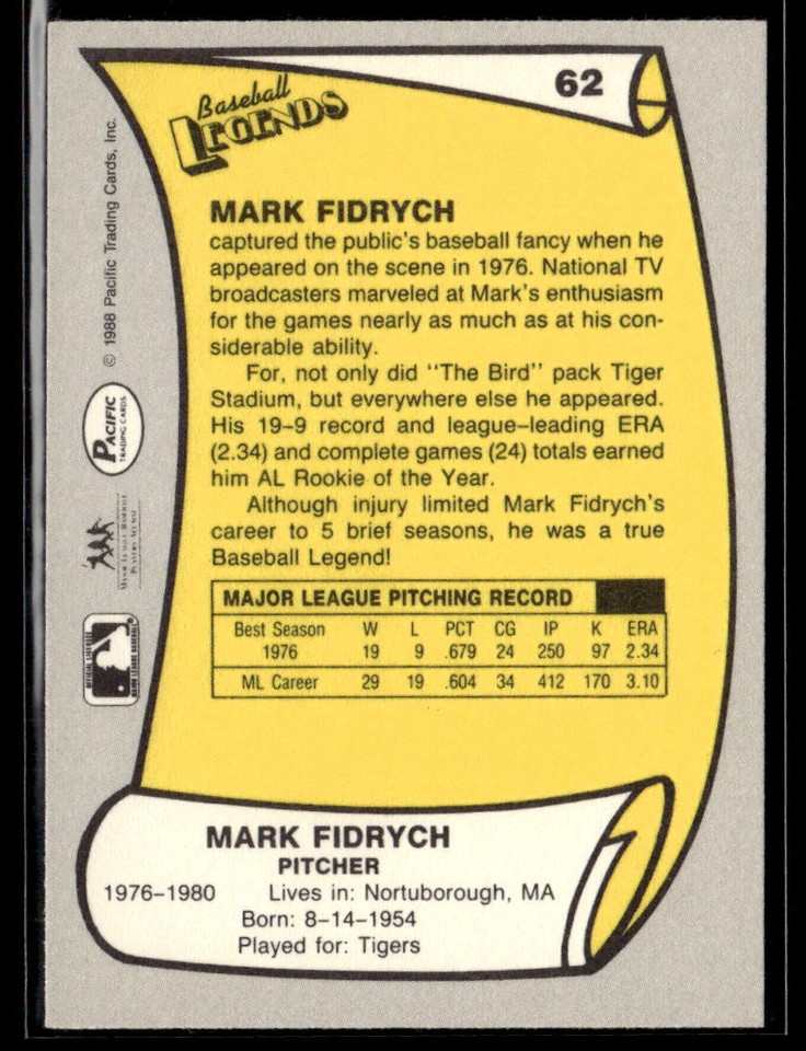 1988 Pacific Legends I #62 Mark Fidrych Tigers Baseball Card 0101N | eBay