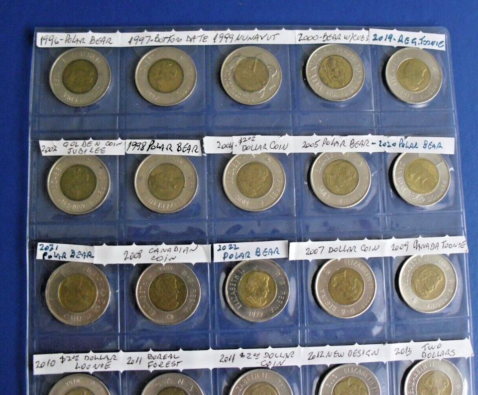 30 Canadian Toonies all different in collector sheet $2 Canada coin ...