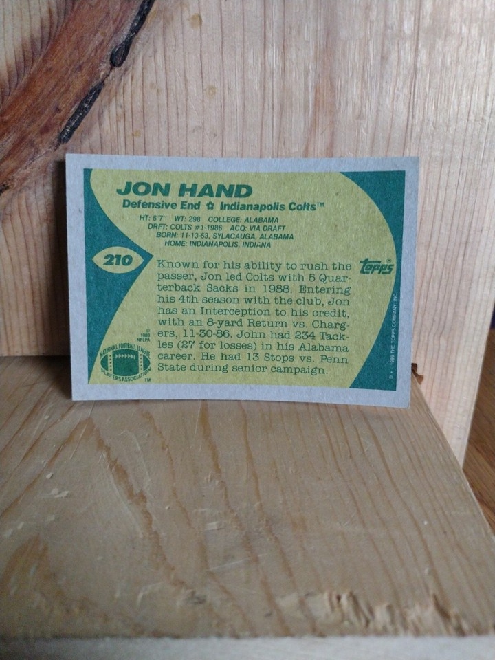 1989 Topps NFL: #210 JON HAND INDIANAPOLIS COLTS. FT5 | eBay