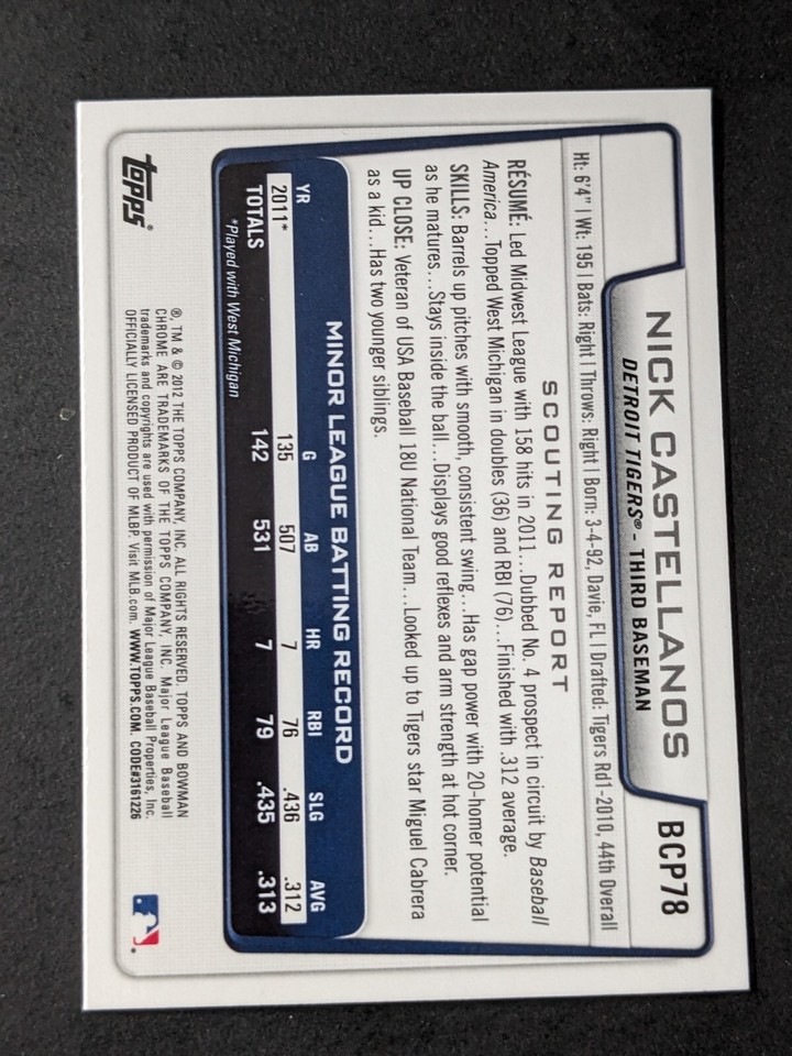 2012 Bowman Chrome #BCP78- NICK CASTELLANOS 1st Bowman Rookie RC Card ...