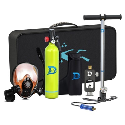 Scuba Diving Kit Full Face Snorkel Mask 1L Air Oxygen Tank Hand Pump ...