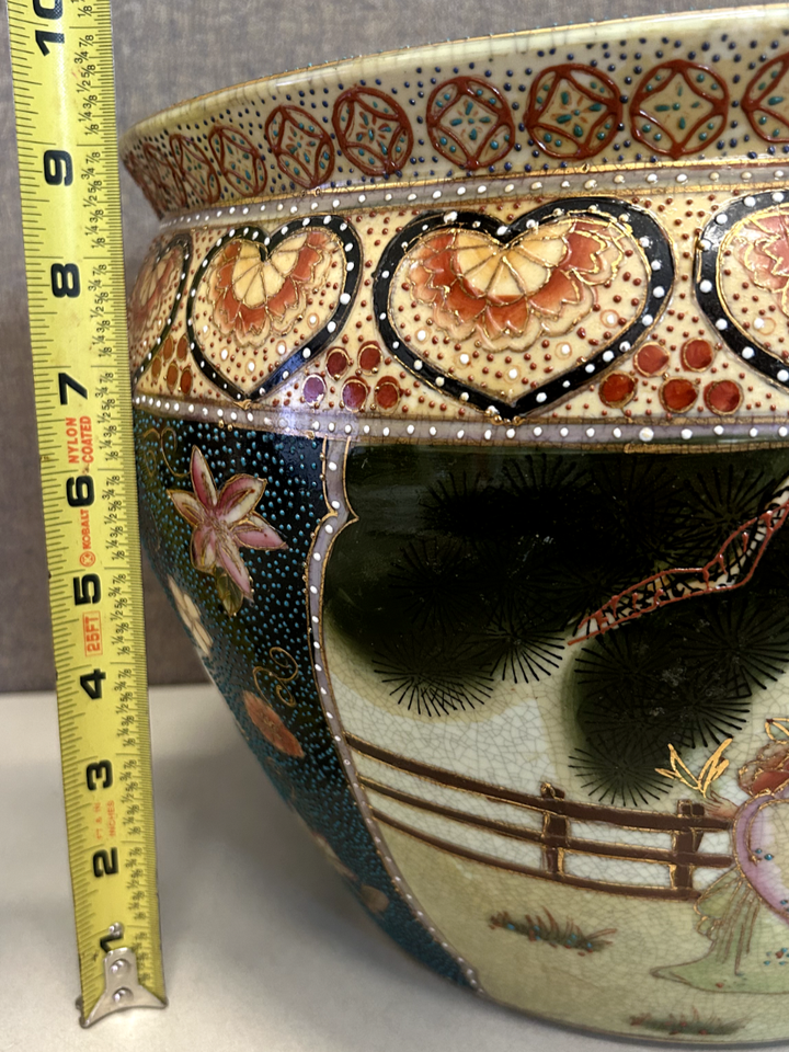 Vintage Japanese Kutani Satsuma Planter Pot Porcelain Enamel Geisha Koi ...