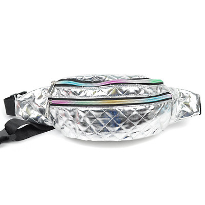Quilted Metallic Silver Fanny Pack Belt Bag Sling Bag with Iridescent ...