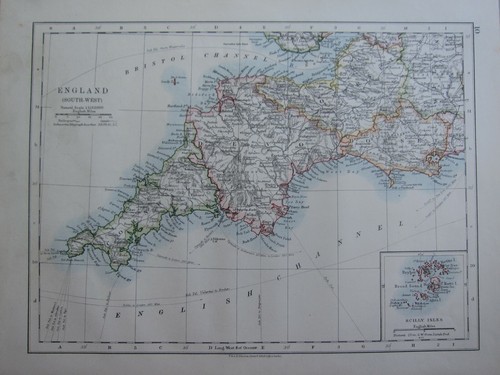 1913 Karte England South West ~ Cornwall Devon Dorset Scilly Inseln ...