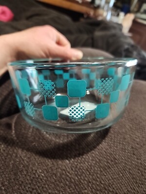 Vintage Pyrex Clear w/Turquoise checkers & dot pattern 6" bowl 1980's ...
