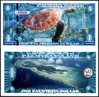 PALMYRA ISLAND US TERRITORY POLYMER $1 TURTLE REED FANTASY ART BANKNOTE ...