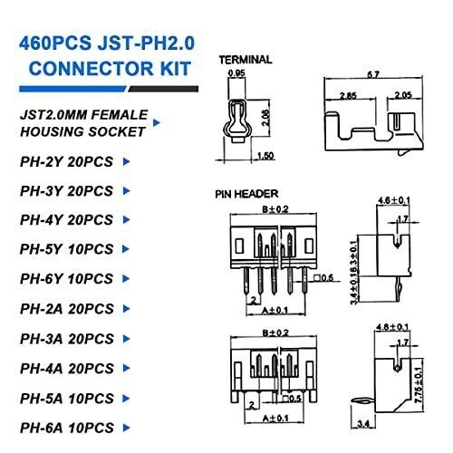 JST PH2.0 Connector kit 2/3/4/5/6Pin Plug with Terminal Wires Cables ...