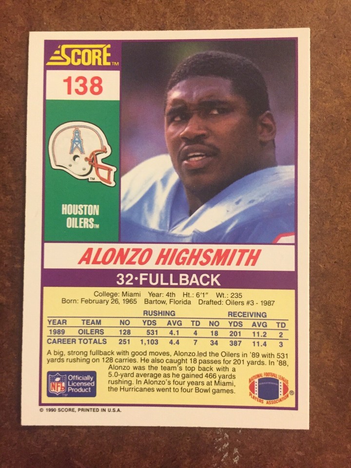 Alonzo Highsmith 138 Score 1990 NFL Football Trading Card | eBay