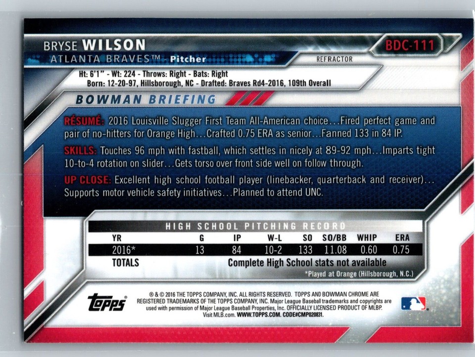 2016 Bowman Draft #BDC-111 Bryse Wilson Chrome Refractor | eBay