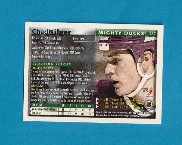 1995-96 Bowman Hockey ALL-FOIL parallel #137 Chad Kilger ANAHEIM DUCKS ...