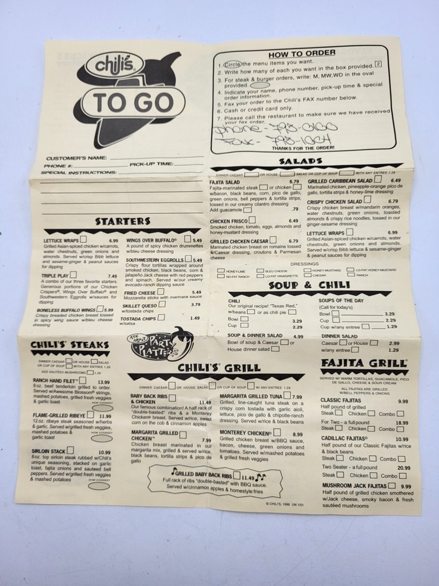 Printable Chillis Take Out Menus Chilis Mexican Food Menu Bifold