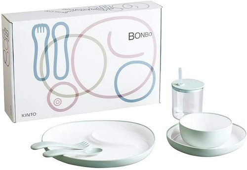 KINTO BONBO Kids 6pcs Set Spoon Fork Plate Straw Cup Bowl Blue Gray ...